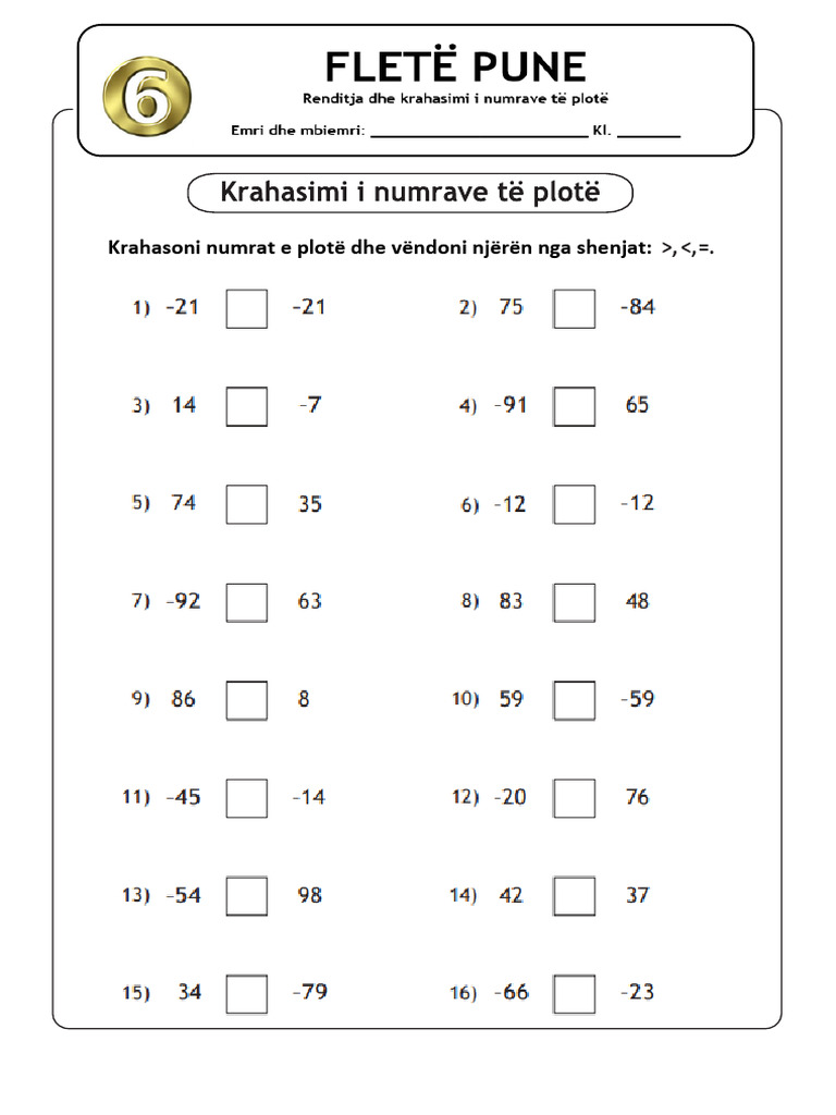 Fletë Pune-Renditja Dhe Krahasimi I Numrave Të Plotë | PDF