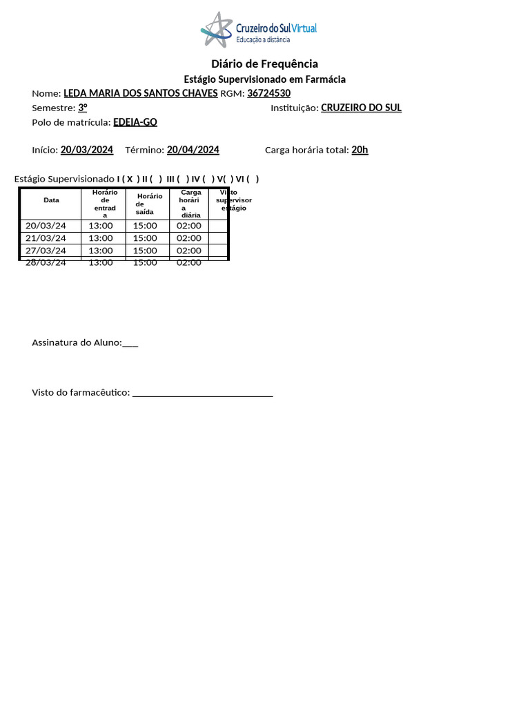 Planilha Frequencia Diario Farmacia - Leda | PDF