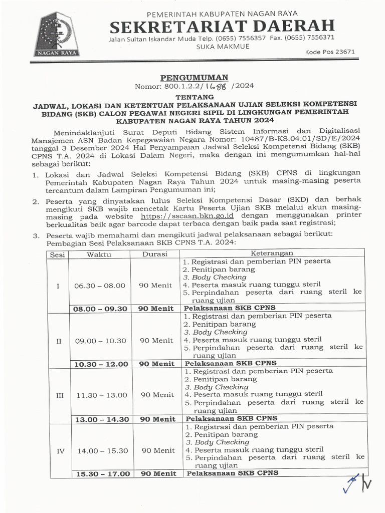 Pengumuman Jadwal SKB Cpns Kab Nagan Raya Tahun 2024 | PDF