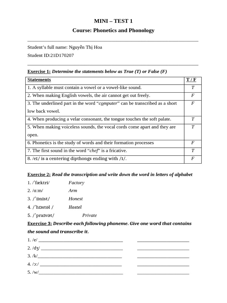 PHONETICS AND PHONOLOGY - Mini Test 1.1 | PDF | Phonetics | Consonant