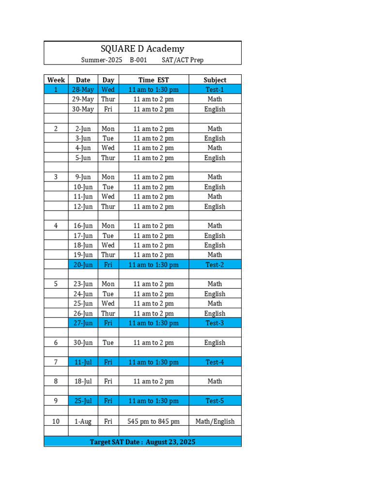 SAT/ACT Prep Schedule Summer 2025 | PDF