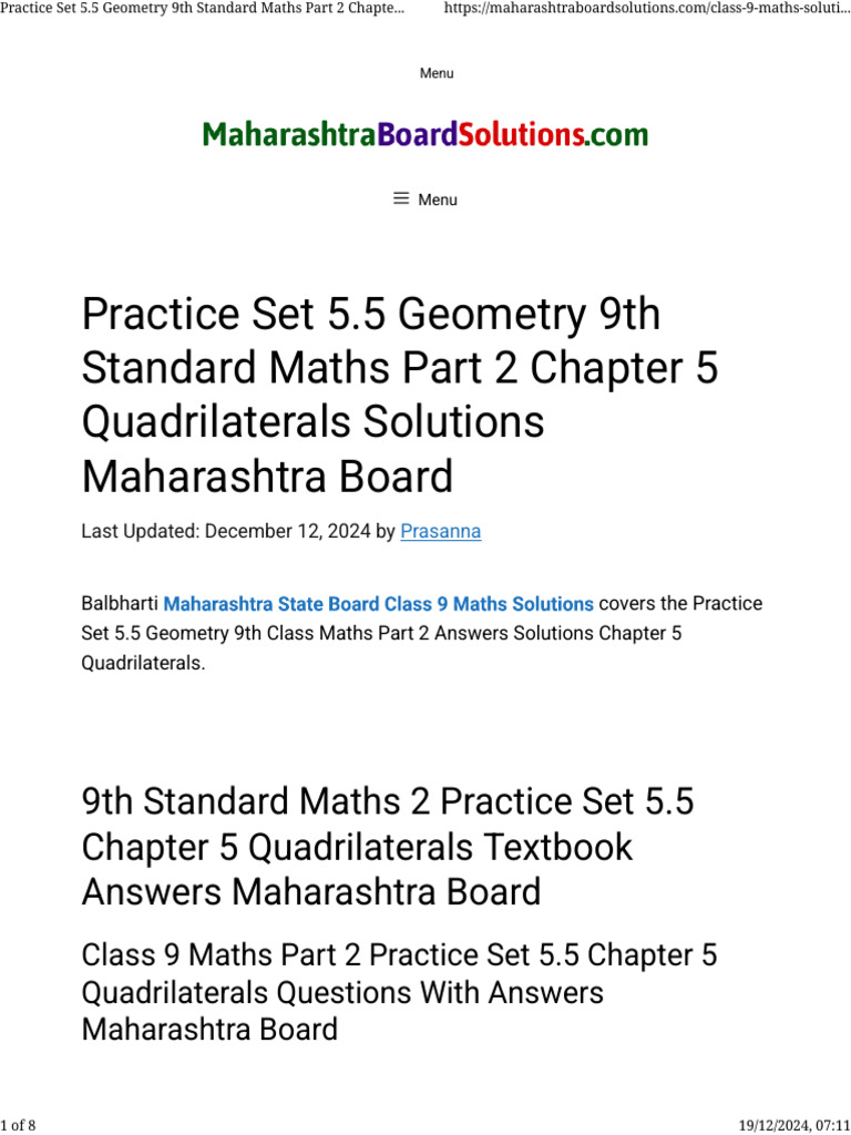 Practice Set 5.5 Geometry 9th Standard Maths Part 2 Chapter 5 Quadrilaterals Solutions ...