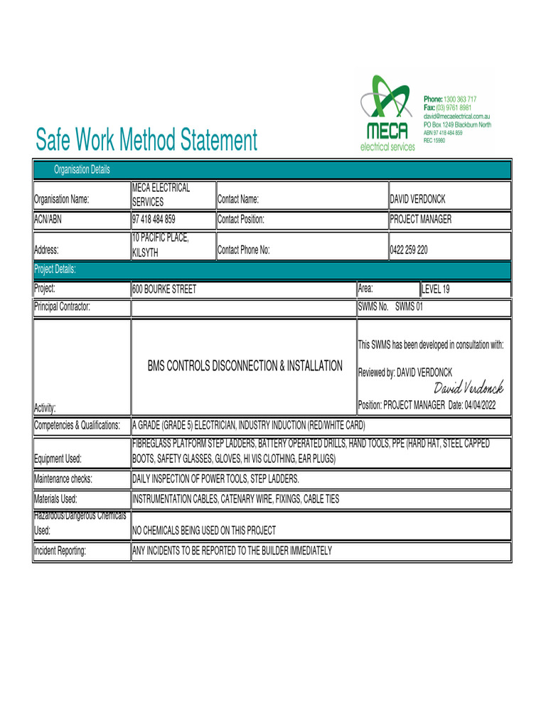 SWMS - BMS Controls Disconnection & Installation | PDF | Electrician ...
