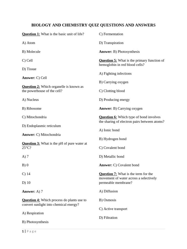 Biology and Chemistry Quiz Answers | PDF | Chemical Bond | Biology