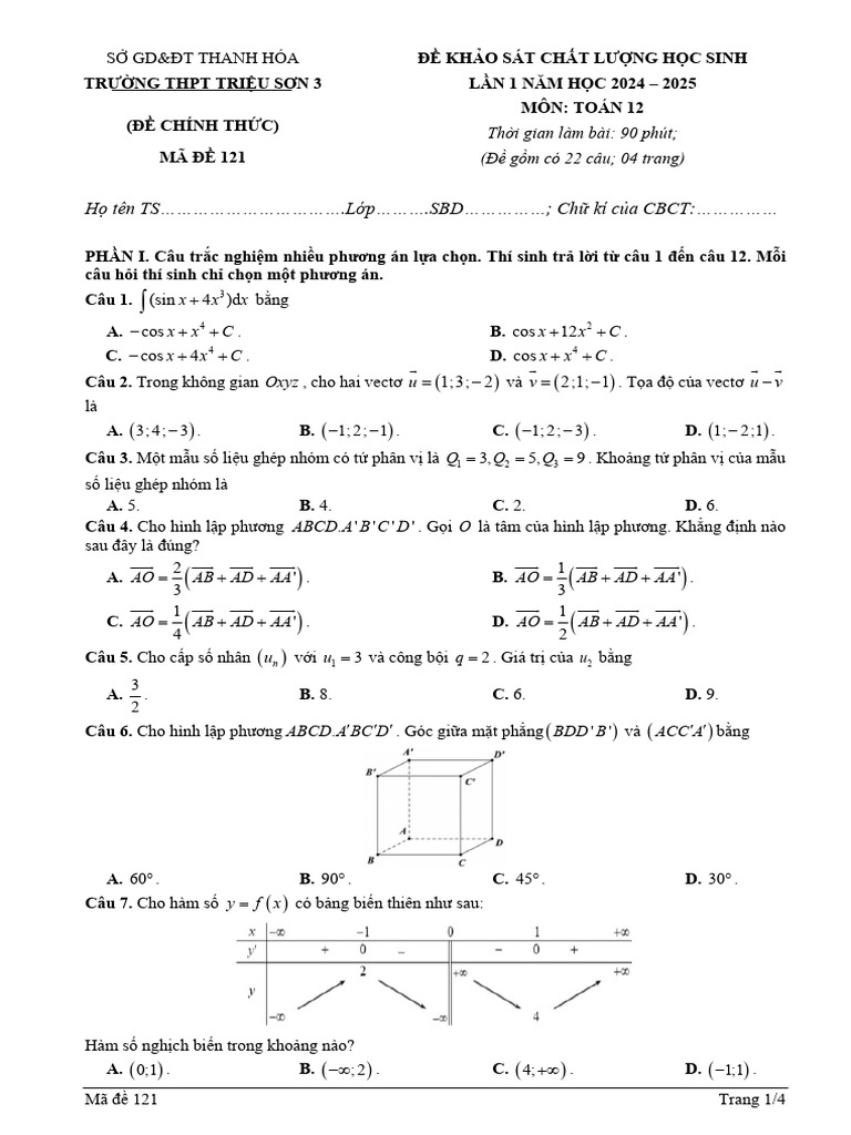 OC11 - Đề khảo sát chất lượng học sinh lần 1, THPT Triệu Sơn 3 Thanh Hóa | PDF