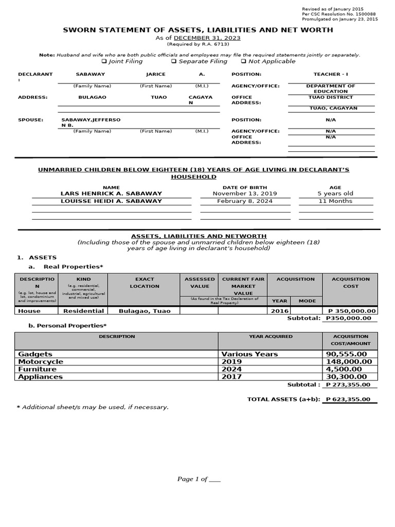 2015_SALN_Form-1- December 2023 | PDF | Net Worth | Money