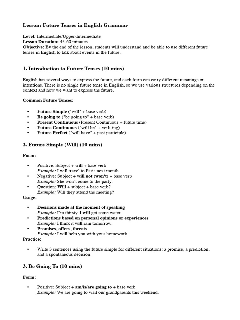 English Future Tenses Lesson Plan | PDF | Syntax | Perfect (Grammar)
