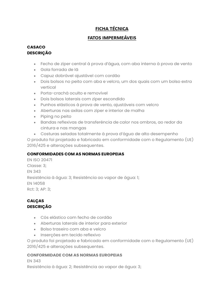 Ficha Técnica - Fatos - Impermeáveis | PDF