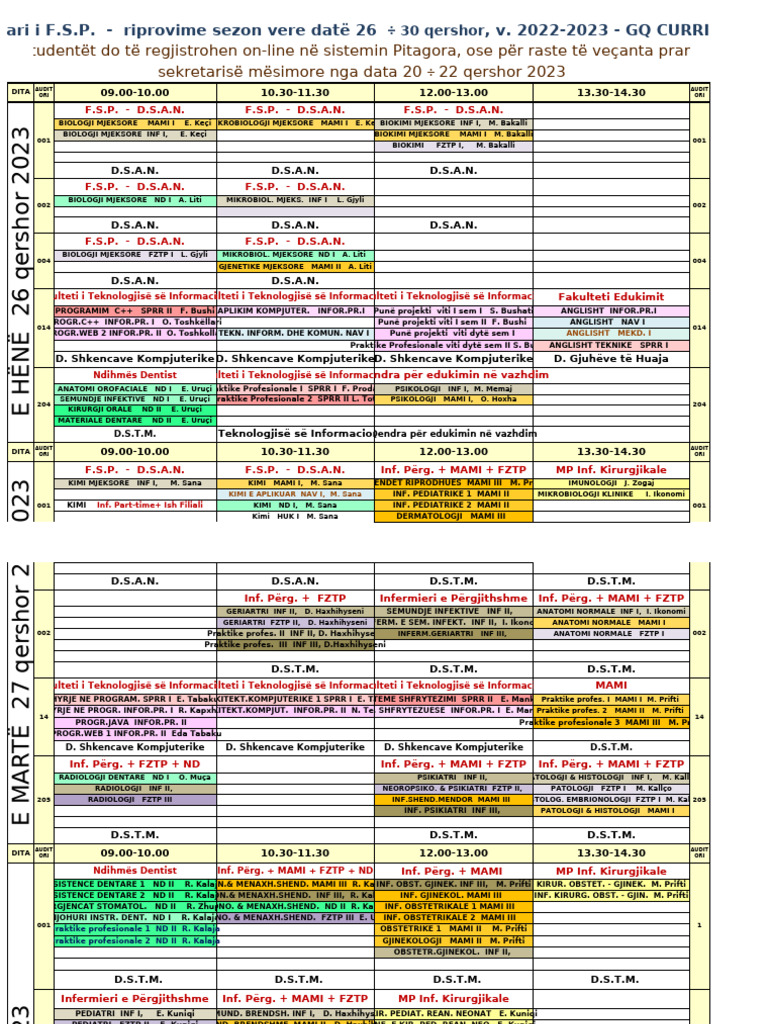 Orar FSP Currila - Riprovime Vere - 26 30 Qershor 2023 Web | PDF