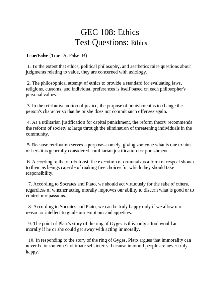 GEC 108 Ethics Questions | PDF | Utilitarianism | Hedonism