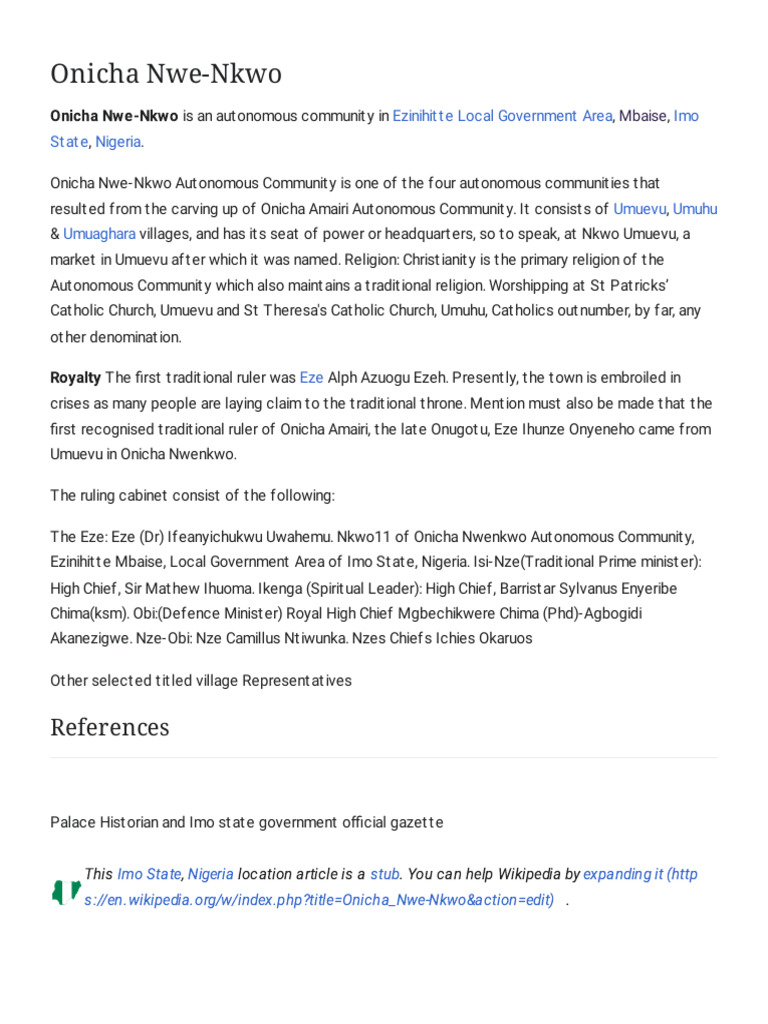 Onicha Nwe-Nkwo Community Overview | PDF