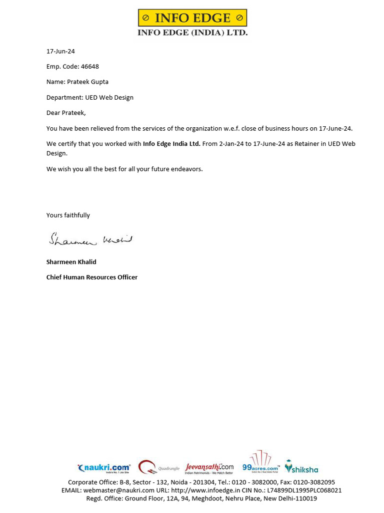 Experience Letter - Prateek Gupta (Info Edge) | PDF