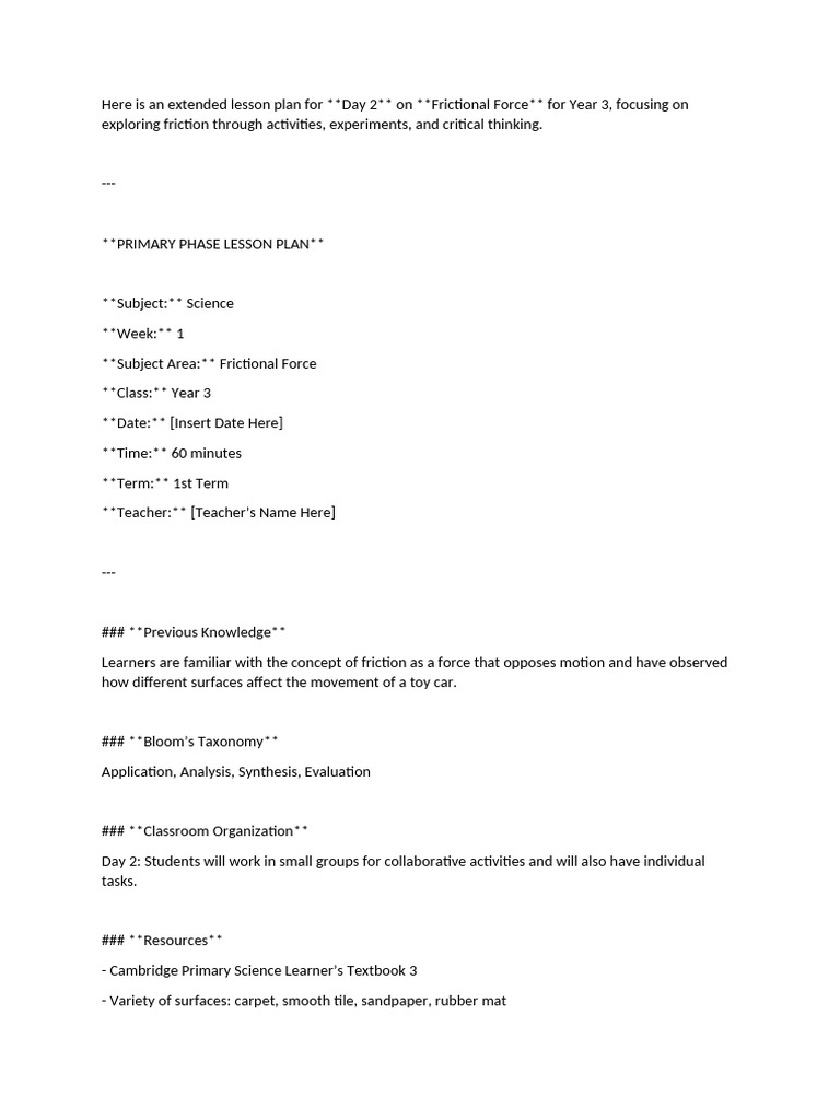 Lesson Plan | PDF | Force | Friction