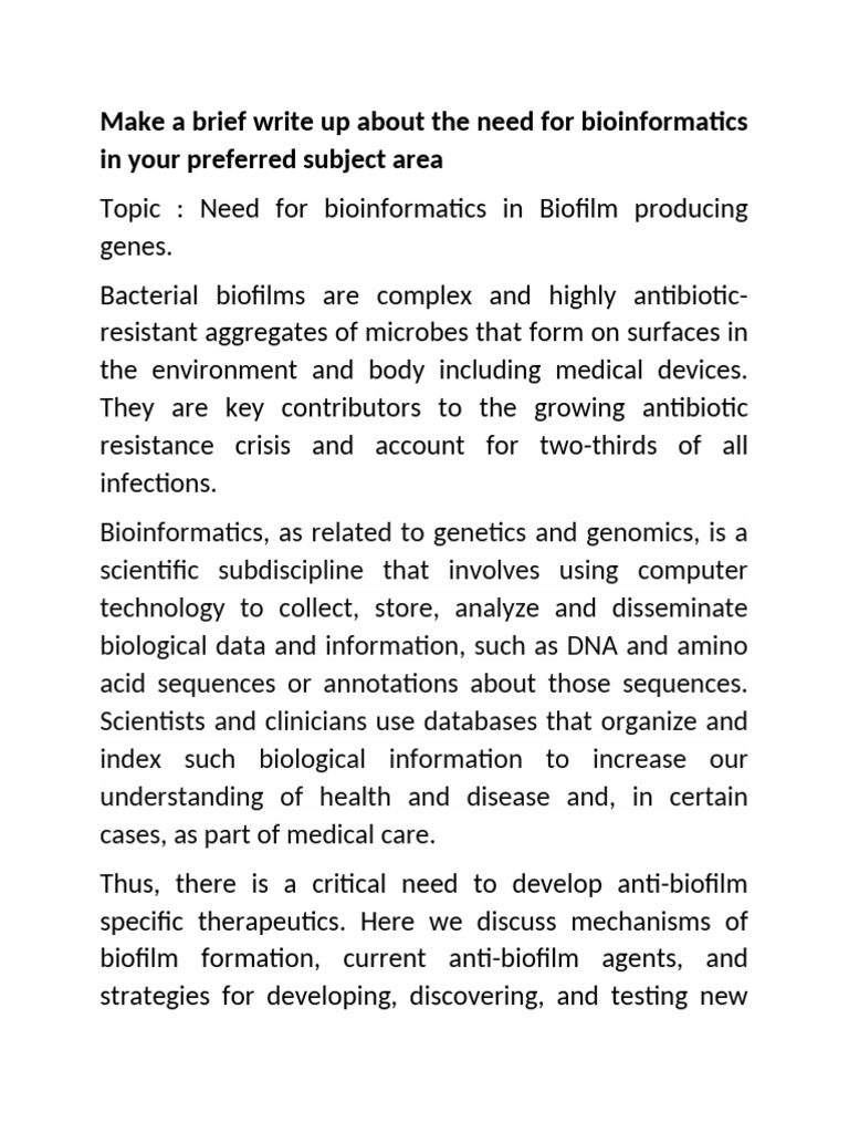 Make A Brief Write Up About The Need For Bioinformatics in Your Preferred Subject Area | PDF