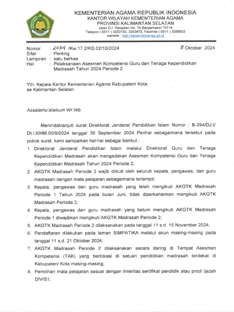 Surat Kanwil - Kegiatan AKG Periode 2 Tahun 2024 | PDF