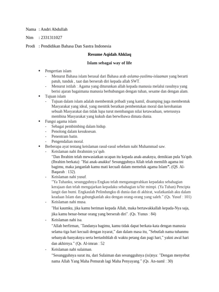 Andri Abdullah - RESUME AQIDAH AHKLAQ | PDF