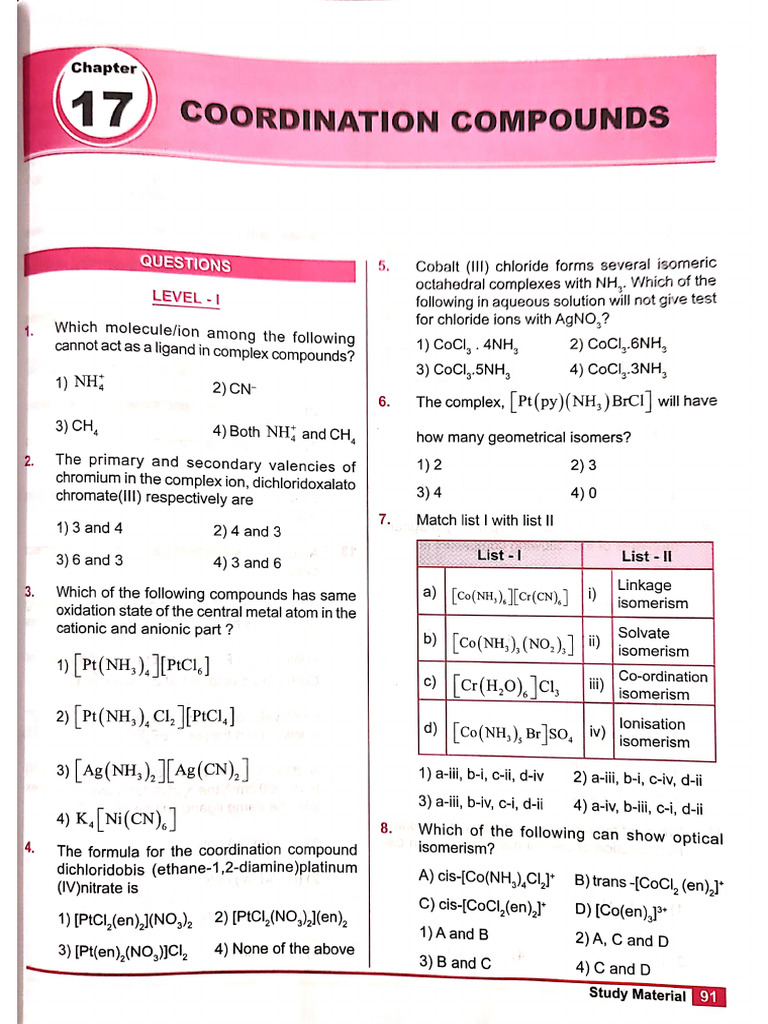 Coordination Compounds Important MCQ Questions | PDF
