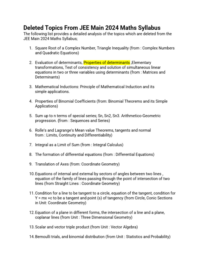 Deleted Topics From JEE Main 2024 Maths Syllabus | PDF