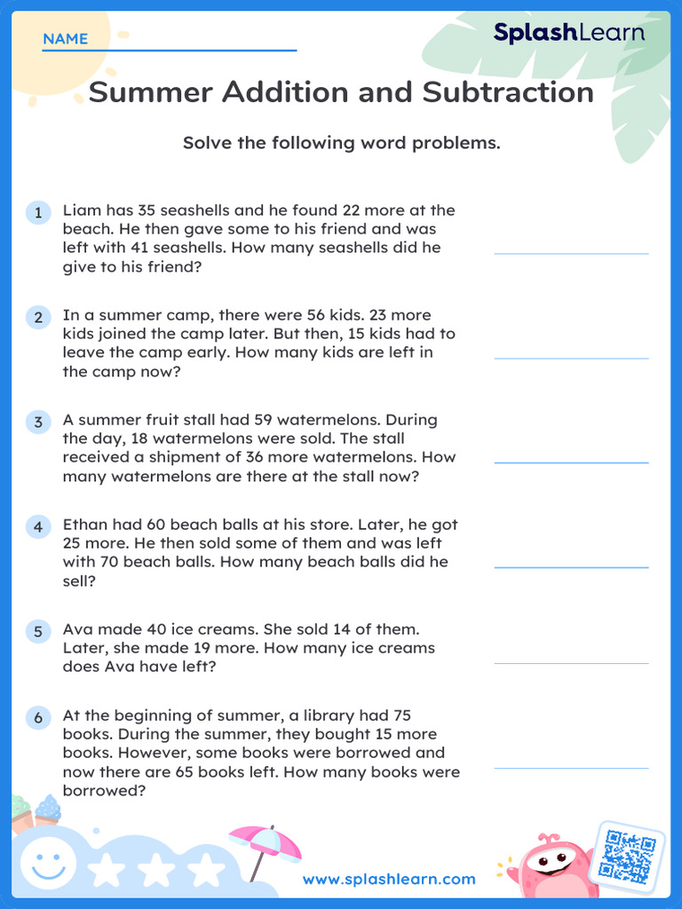 Add and Subtract Within 100 - Summer Word Problems - Worksheet | PDF