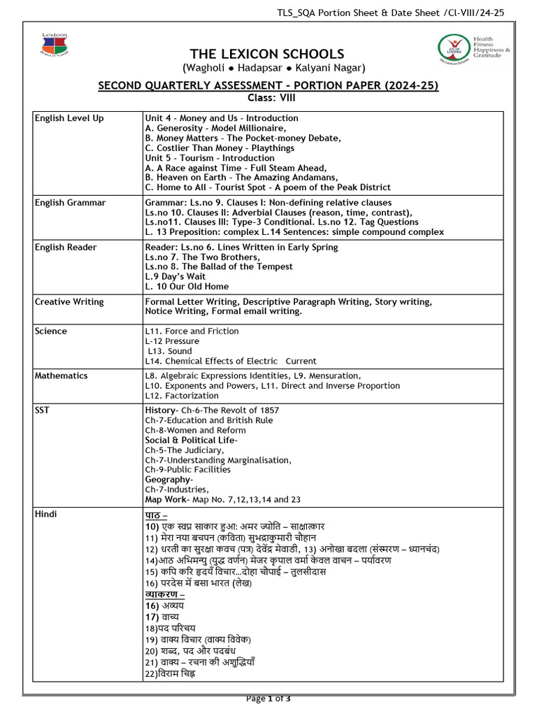 01 - TLS - Cl-VIII - SQA - Portion Paper & Date Sheet 2024-25 | PDF ...