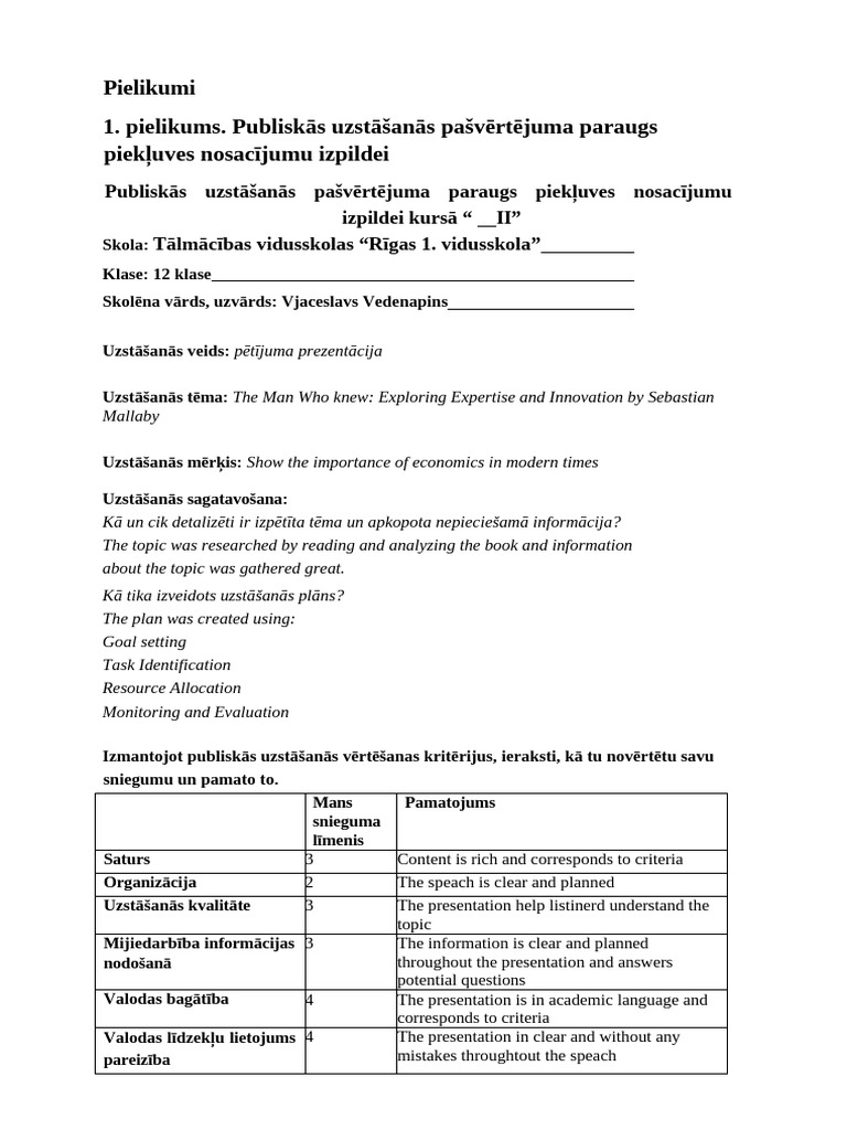 Pašvērtējuma Paraugs | PDF