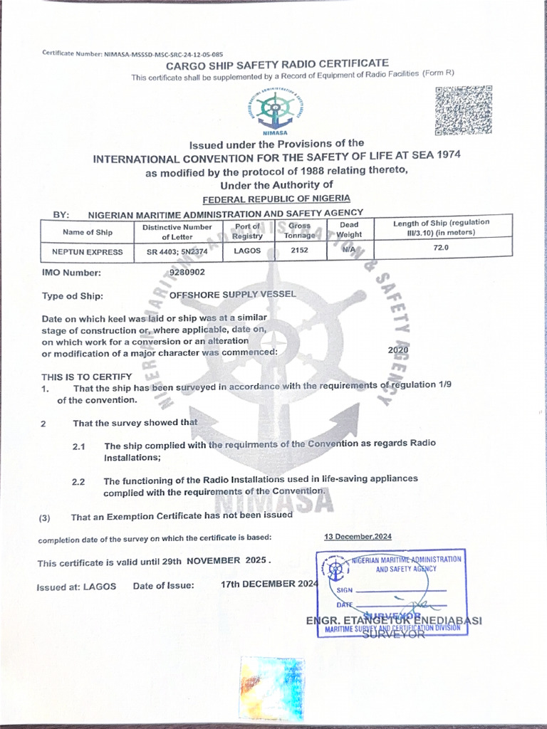 Cargo Ship Safety Radio Certificate | PDF