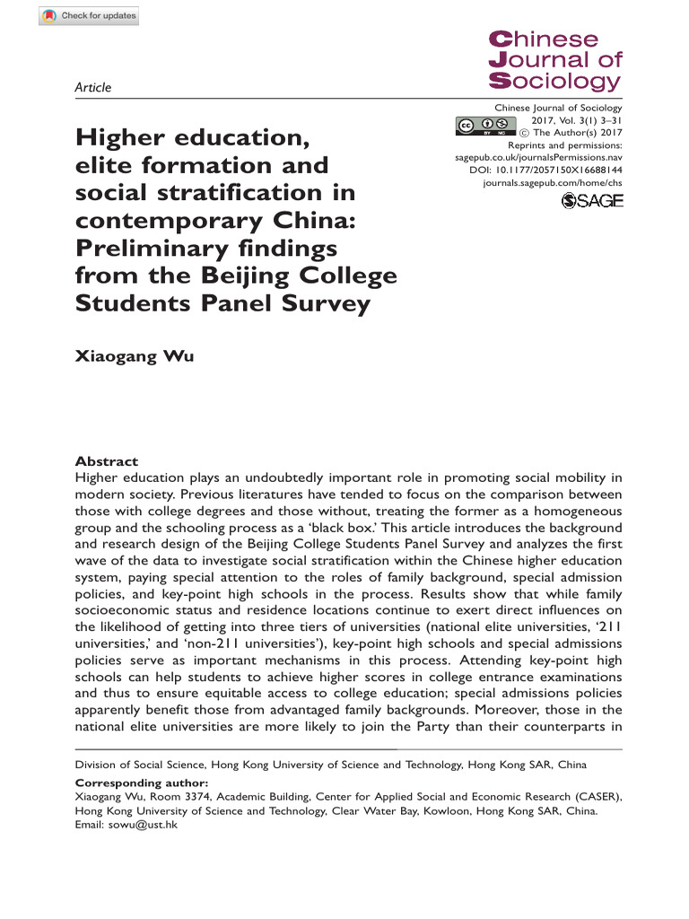 Higher Education, Elite Formation and Social Stratification in Contemporary China Preliminary ...