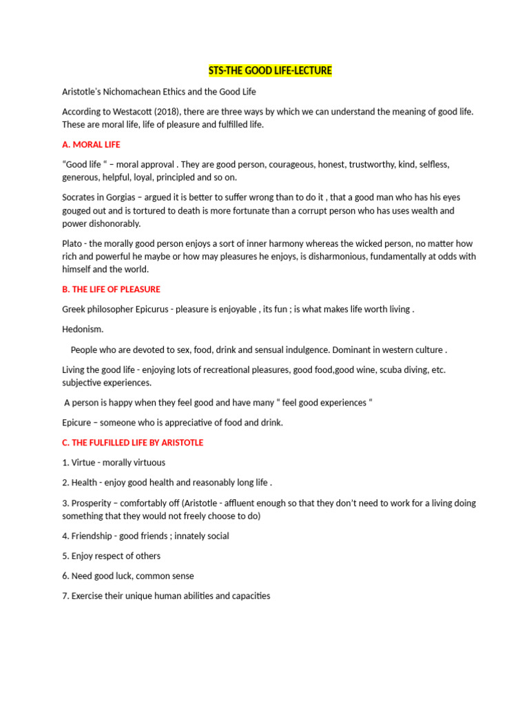 Sts The Good Life Lecture With Assignment | PDF | Pleasure