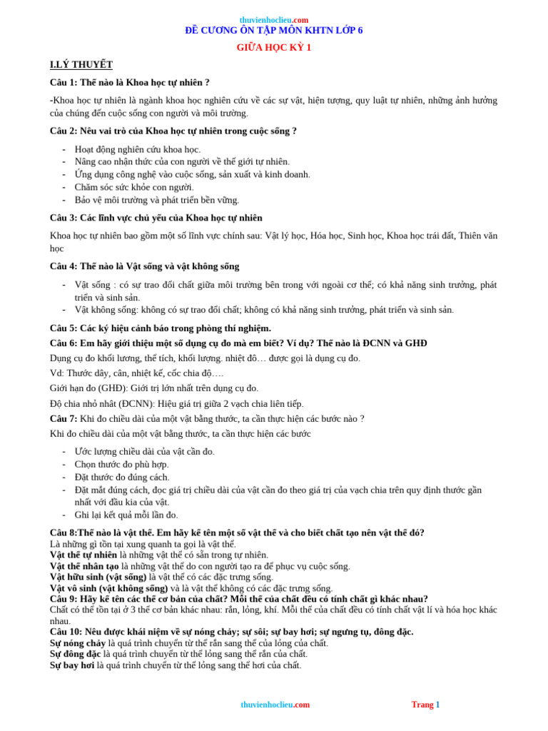 De Cuong On Tap KHTN 6 Giua HK1 Nam 2022 2023 | PDF