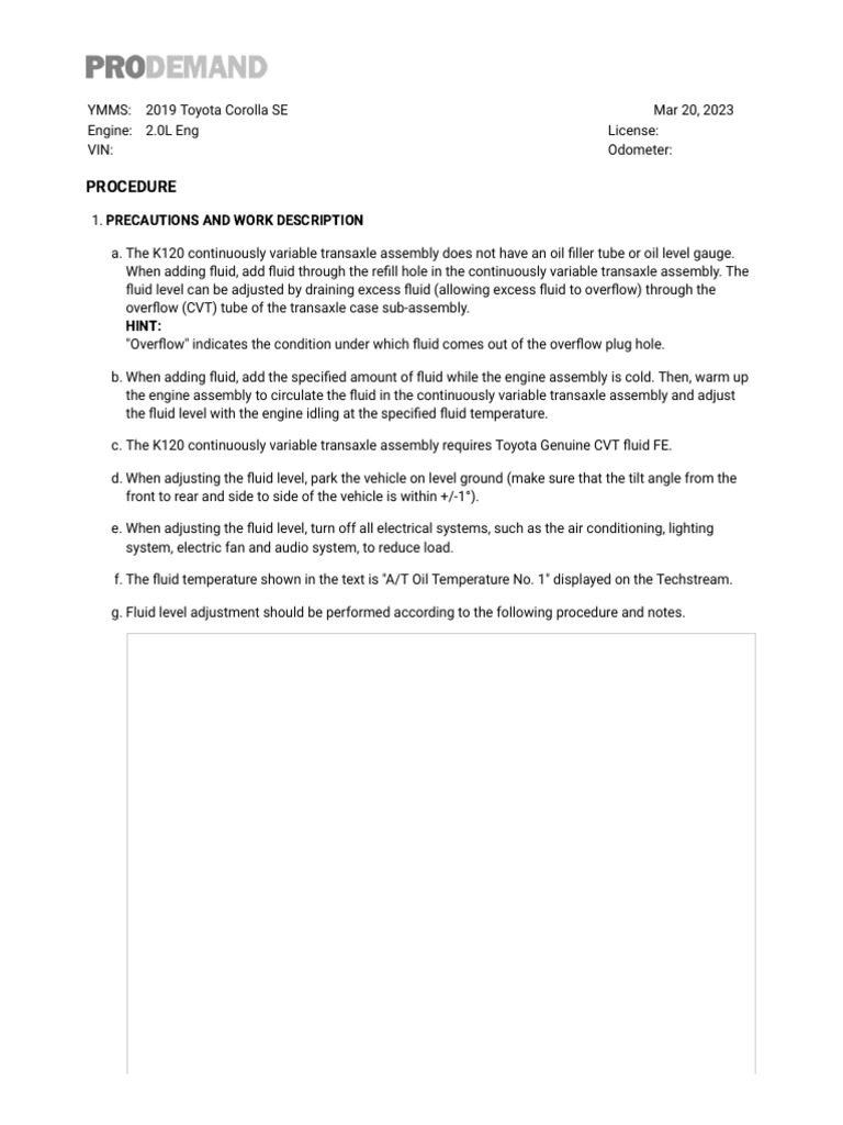 12th Gen Corolla CVT Fluid Level | PDF | Vehicles | Automotive Technologies
