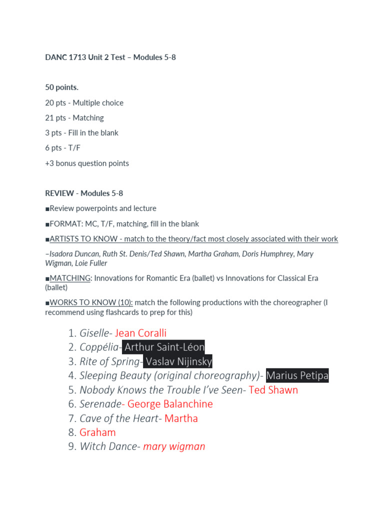 DANC 1713 Unit 2 Test Review Guide | PDF | Ballet | Choreography