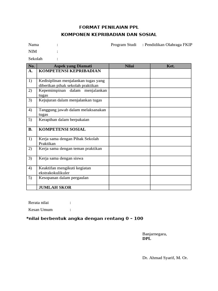 Format Penilaian PPL | PDF