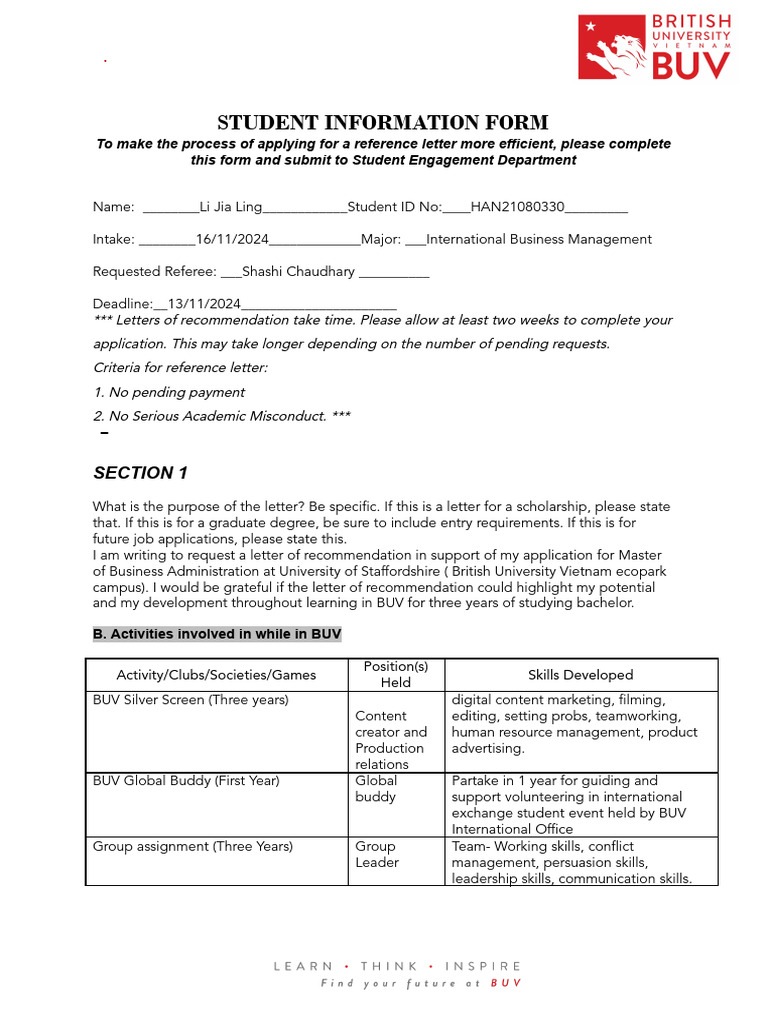 Student Information Form for Reference Letter | PDF | Leadership ...