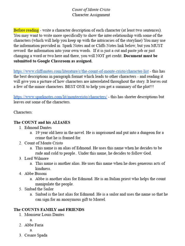 Avaree Jernigan - Count of Monte Cristo - Character Assignment | PDF ...