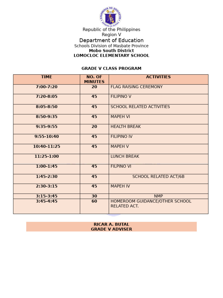 GRADE V CLASS PROGRAM | PDF