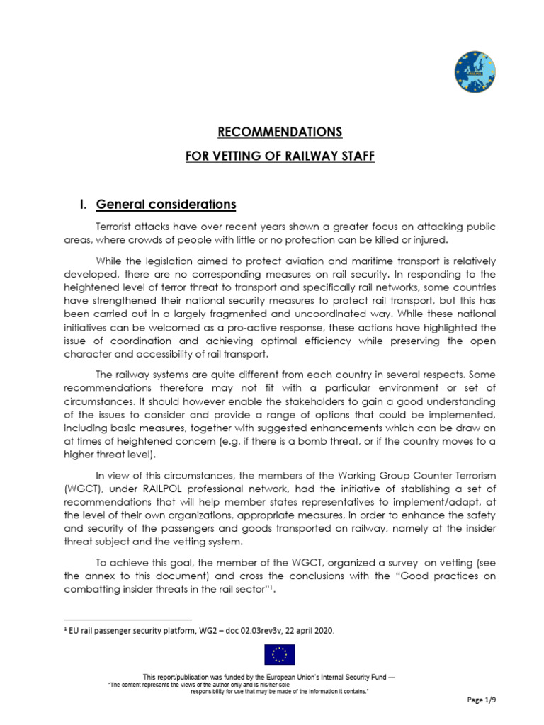 Recommendations for Railway Staff Vetting | PDF | Background Check ...