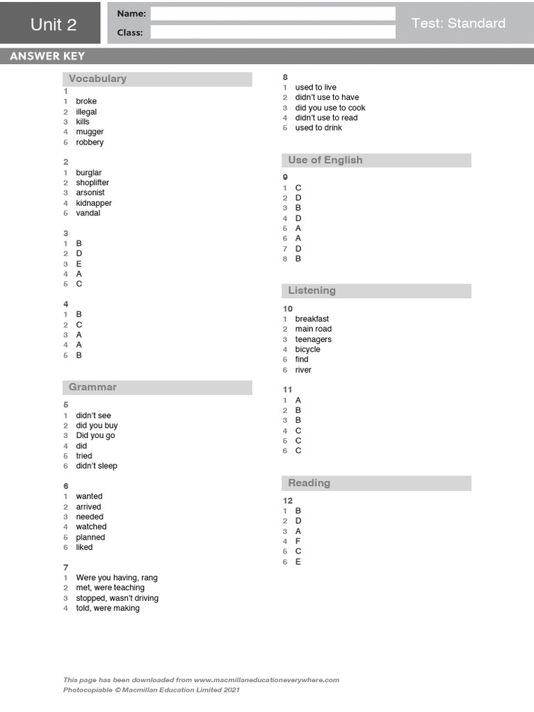 B1 U2 Test Standard Answer Key | PDF | Sherlock Holmes | 221 B Baker Street
