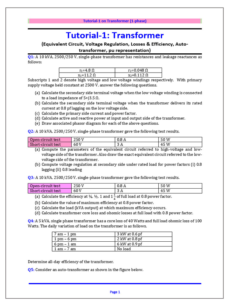 Transformer Tutorial: Calculations & Tests | PDF | Transformer ...