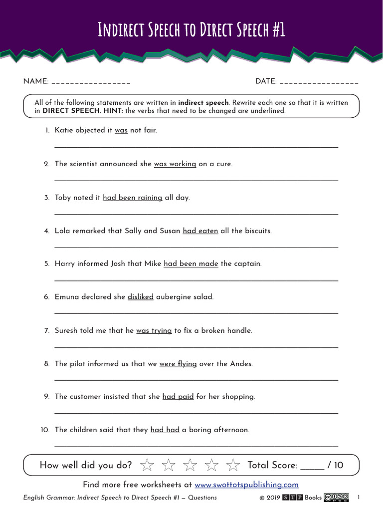 Free English Worksheet Grammar Indirect Direct Exercise Answers 01 STP ...