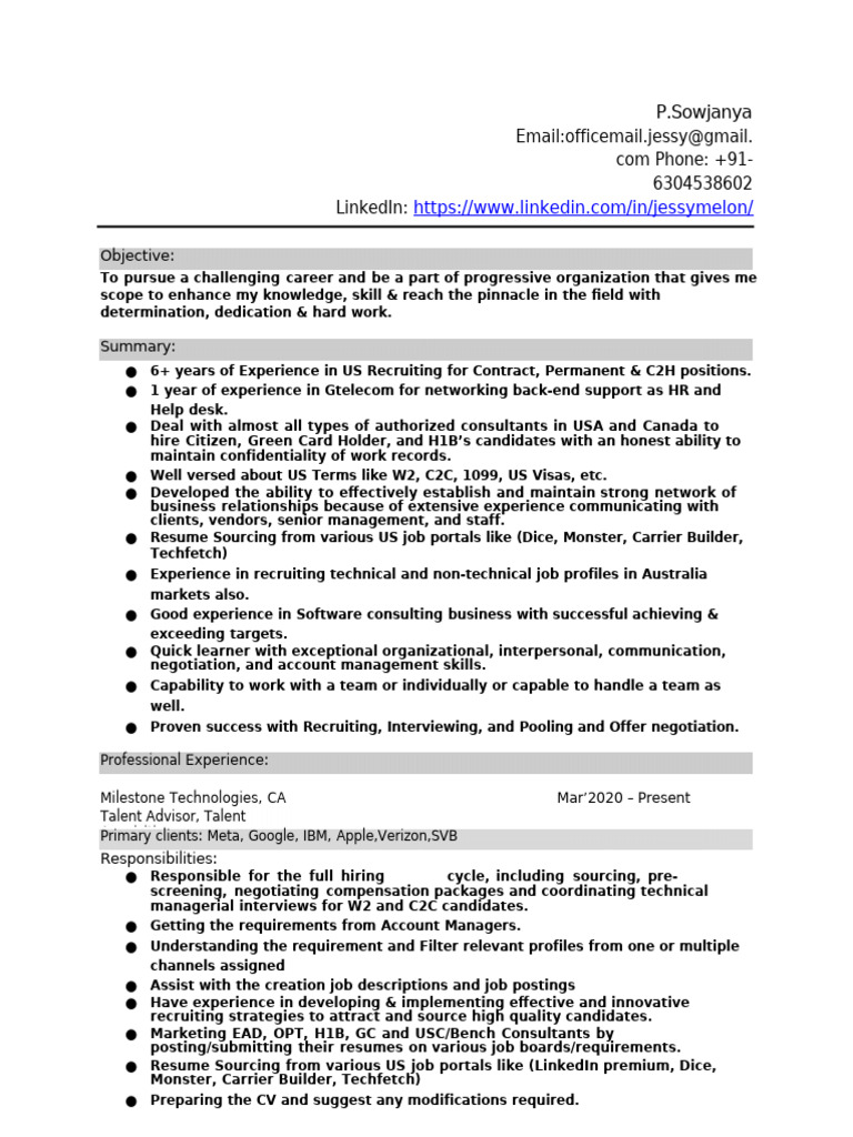 Sowjanya New Updated Resume - 2 | PDF | Recruitment | Business
