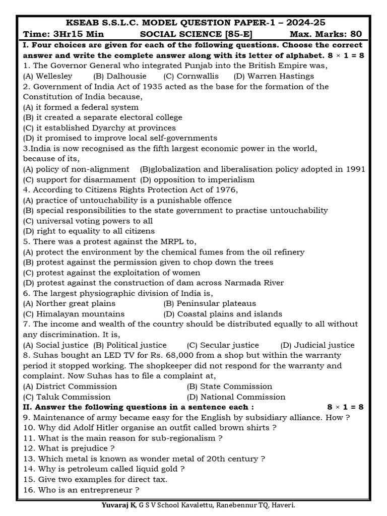 SS 85E Model Question Paper - 01 - 2024-25 | PDF | British Raj