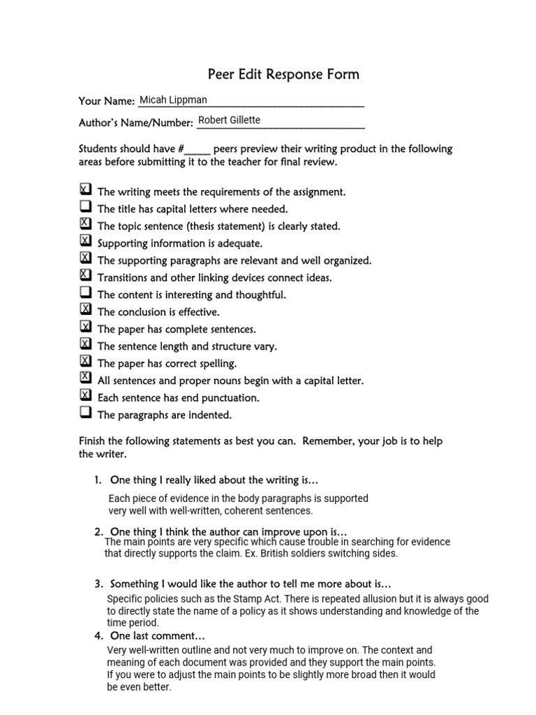 Peer Editing Checklist Guide | PDF
