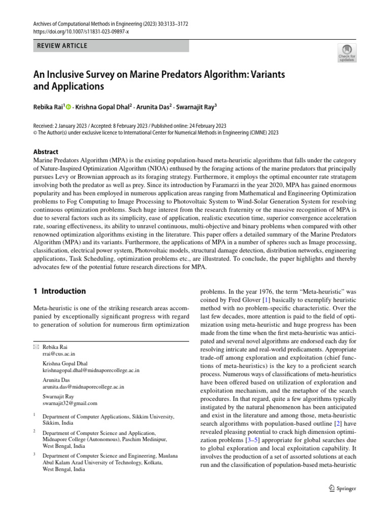 An Inclusive Survey On Marine Predators Algorithm: Variants and Applications | PDF | Predation ...