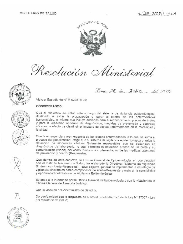 Sistema de Vigilancia Sindrómica (Alerta-Respuesta) Directiva 065-MINSA-OGE - RM581-2005 | PDF