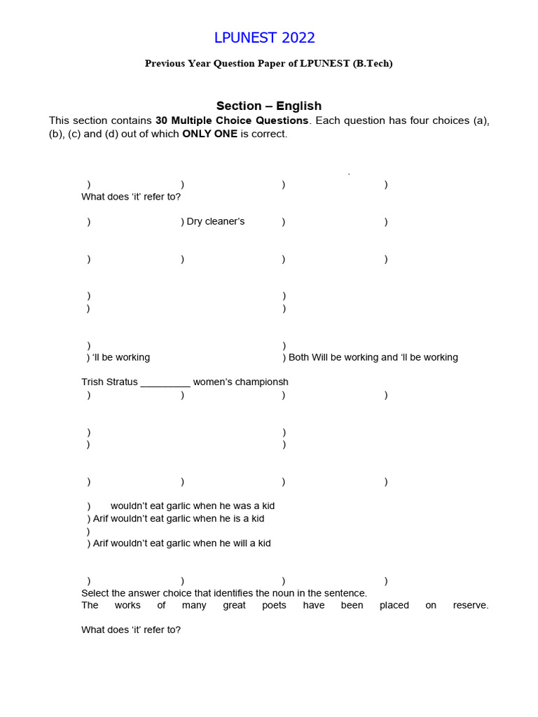 LPUNEST B.Tech Previous Year Paper | PDF | Epithelium | Adverb