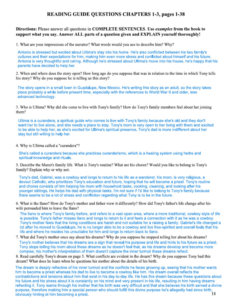 Bless Me, Ultima Reading Guide Chapters 1-3 | PDF