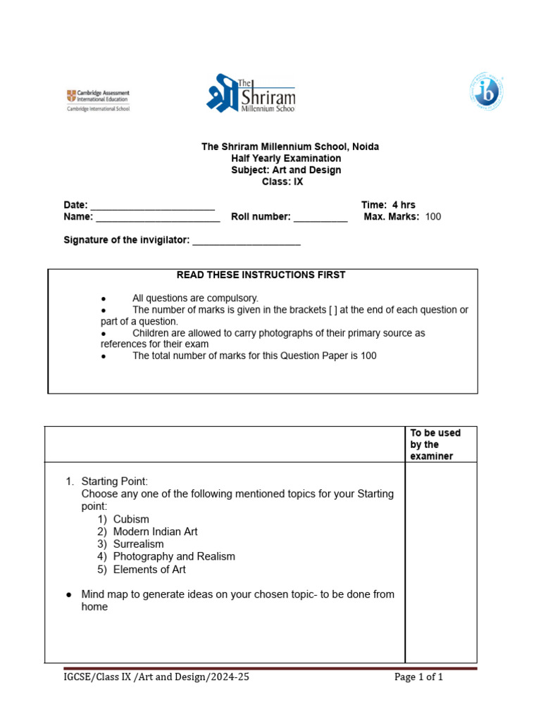 Class IX Art and Design Exam Paper | PDF
