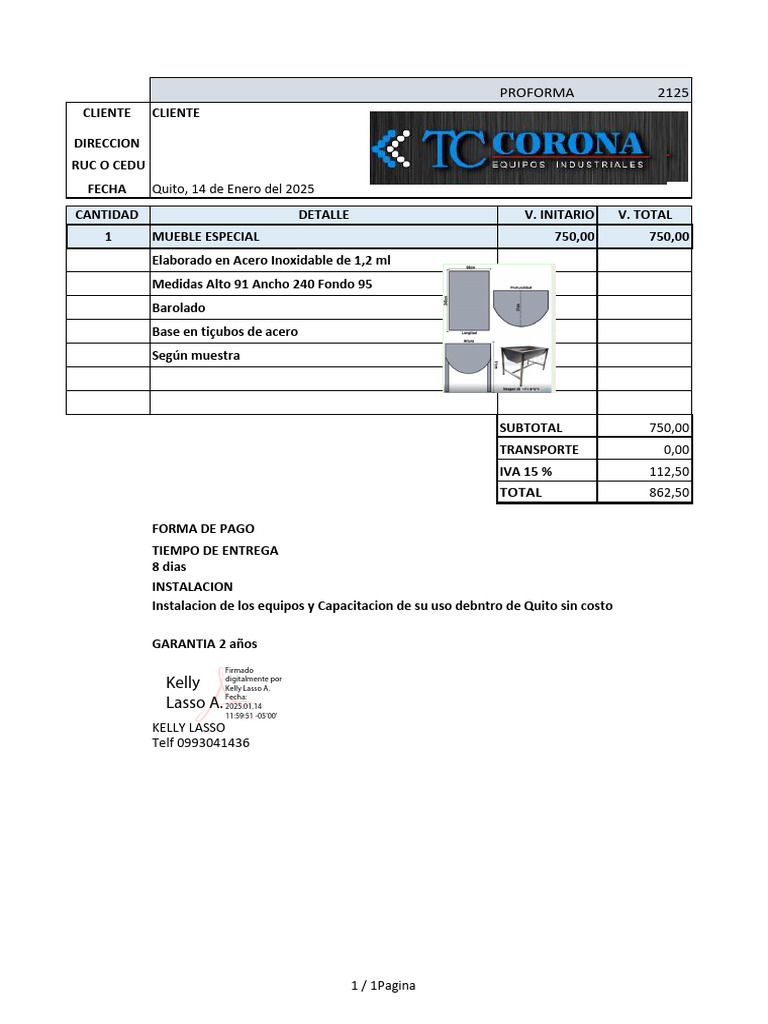 Proforma Mueble Especial Acero Quito | PDF