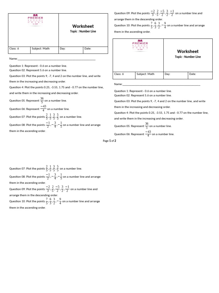 WS - CL-6 - MTH - Unit 1 - Number - Number Line - 01 | PDF