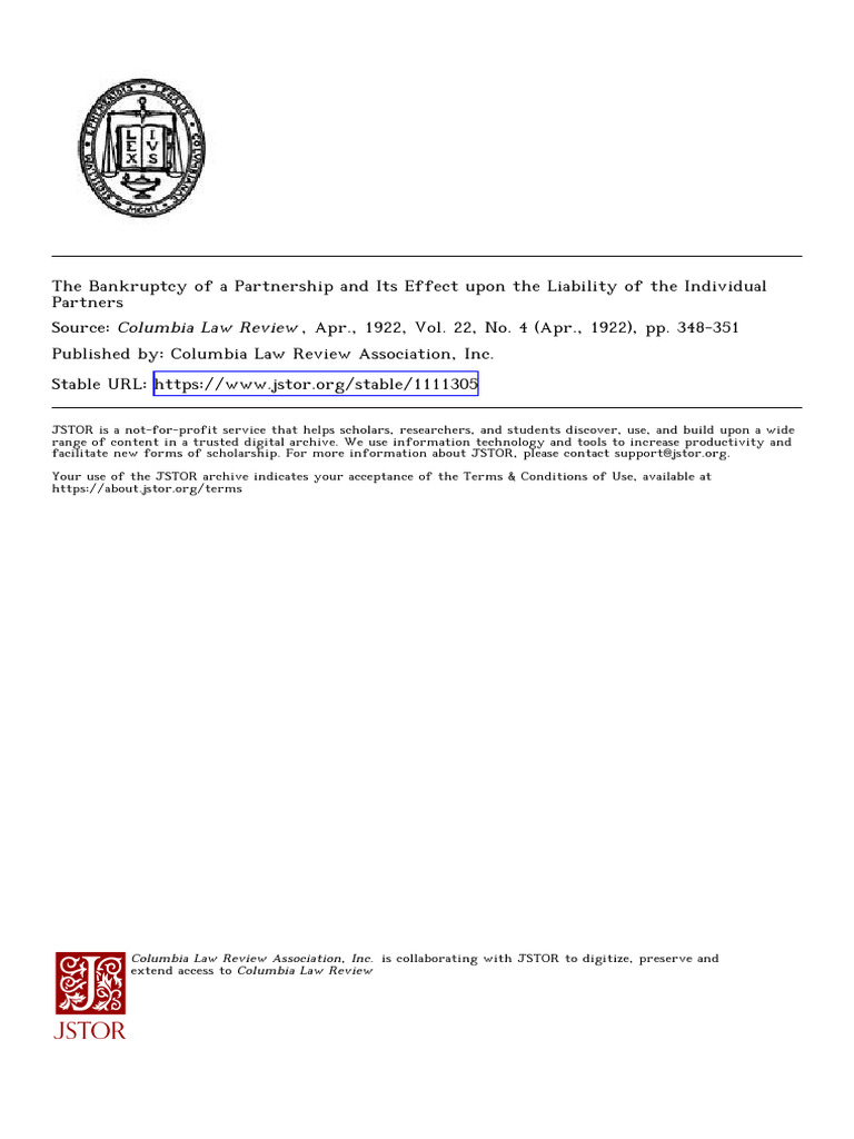 The Bankruptcy of A Partnership and Its Effect Upon The Liability of ...